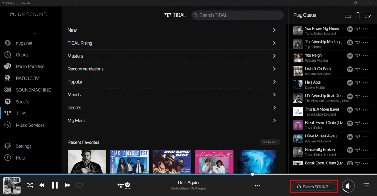 How do I view all my Bluesound players in the BluOS Controller app? (accessing the Player Drawer ...